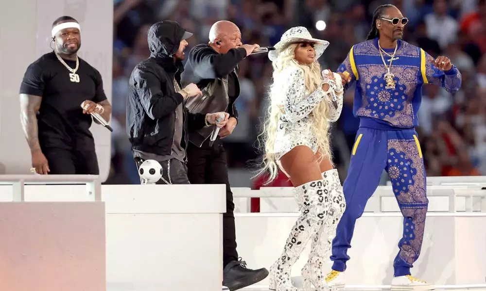 50 Cent, Eminem, Dr. Dre, Mary J. Blige og Snoop Dogg opptrer under Pepsi Super Bowl LVI Halftime Show - Foto: Rob Carr/Getty Images
