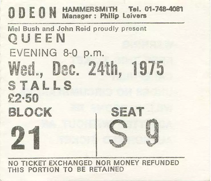 1975-12-24 Queen A Night At The Odeon Ticket ဝဘ်ဆိုဒ်ကို အကောင်းဆုံးဖြစ်အောင် 740